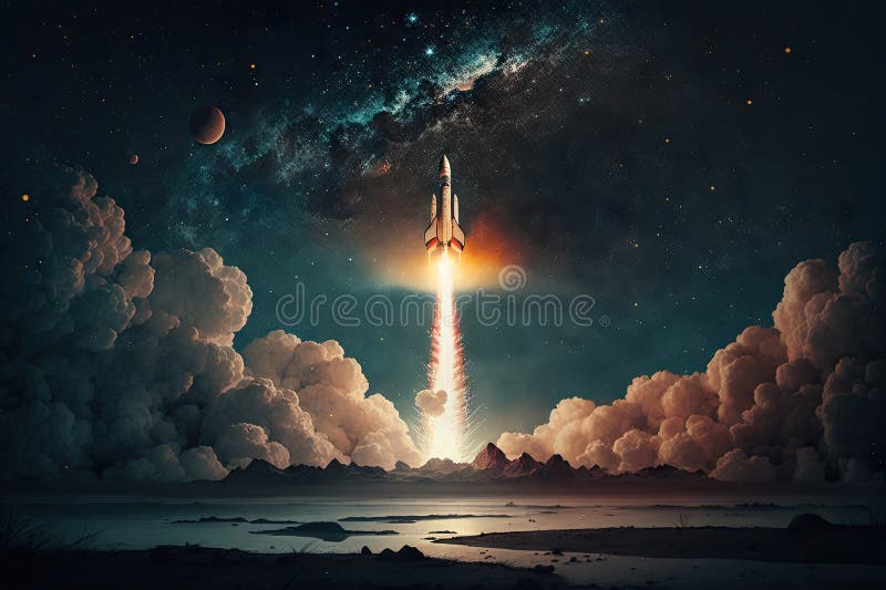 Rocket Start with View of the Night Sky and Stars Visible Stock ...