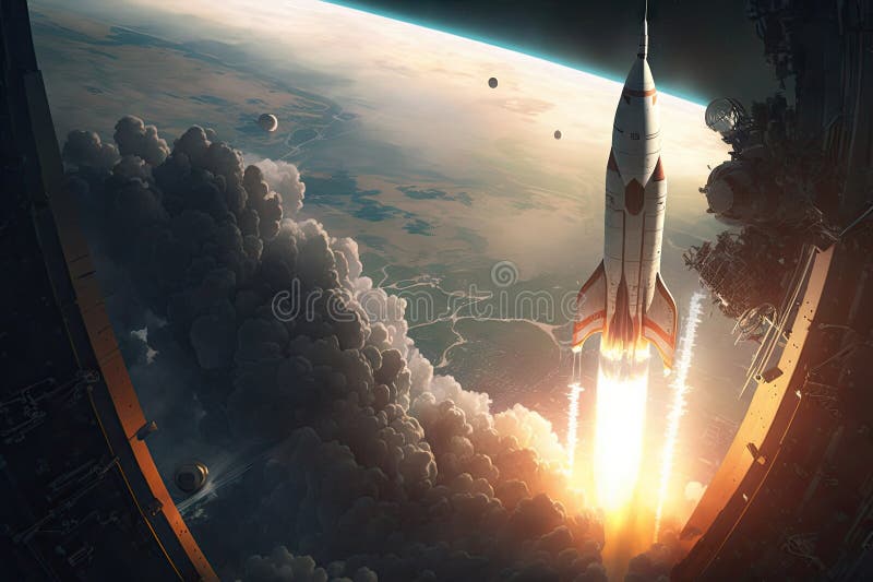 Rocket Start, with View of Space Station in the Background Stock ...