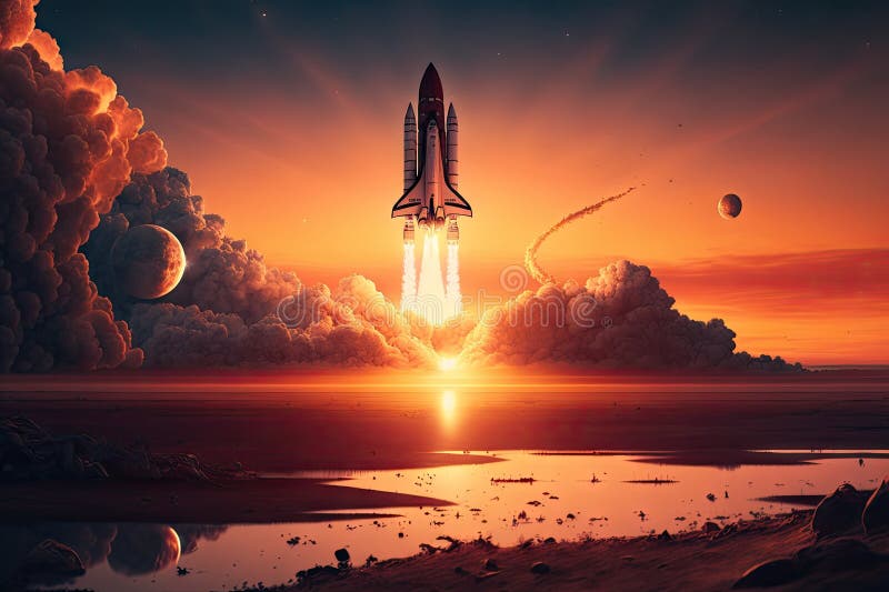 Rocket Start with View of Sunrise in the Background Stock Illustration ...