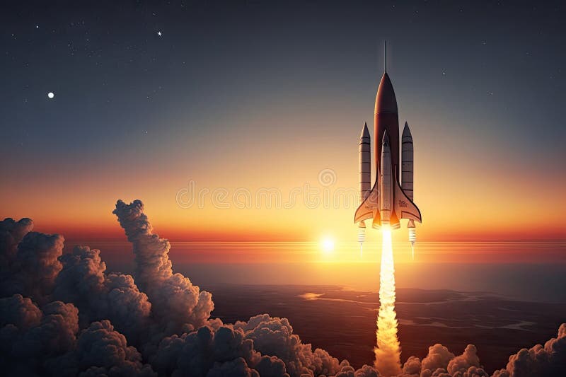 Rocket Start, with View of Sunrise Over the Horizon Stock Illustration ...