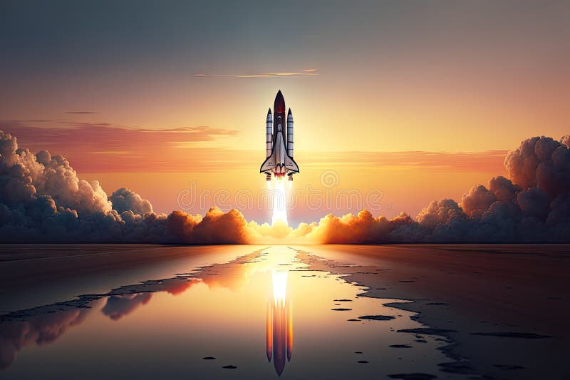 Rocket Start, with View of Sunrise Over the Horizon Stock Illustration ...
