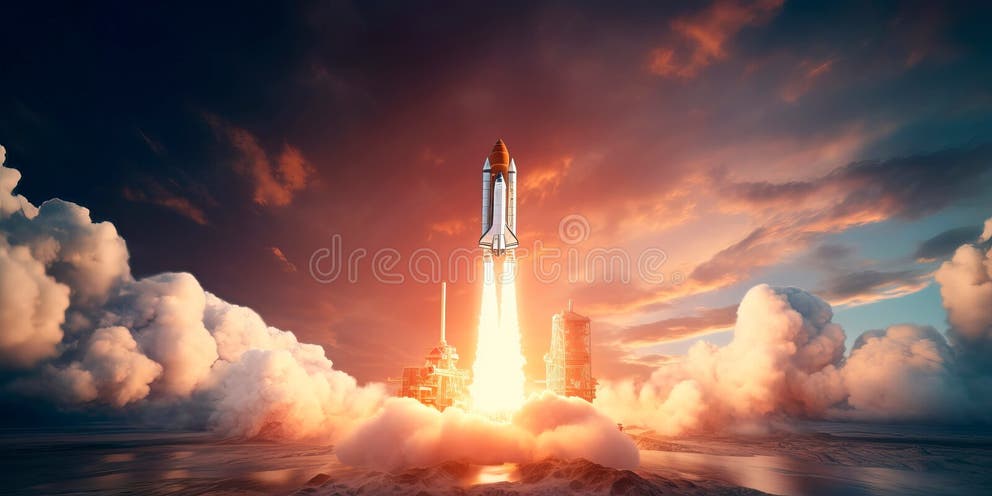 Rocket Starting Its Space Exploration Mission, with the Starry Sky As a ...