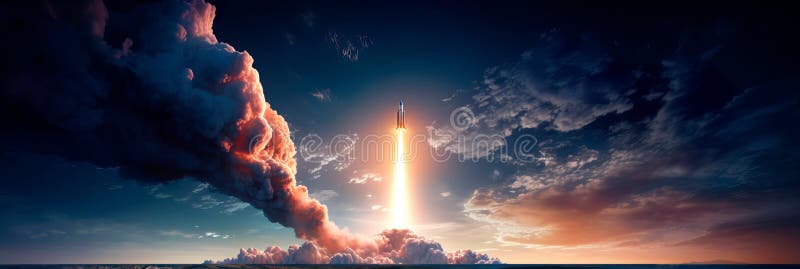 Rocket Starting Its Space Exploration Mission, with the Starry Sky As a ...