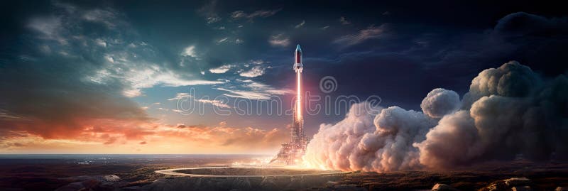 Rocket Starting Its Space Exploration Mission, with the Starry Sky As a ...