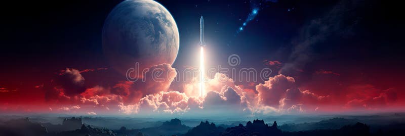 Rocket Starting Its Space Exploration Mission, with the Starry Sky As a ...