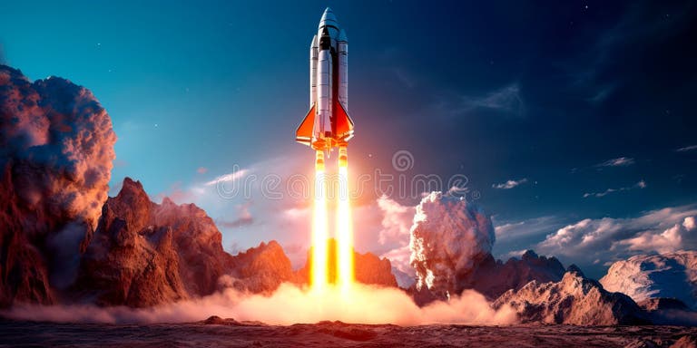 Rocket Starting Its Space Exploration Mission, with the Starry Sky As a ...