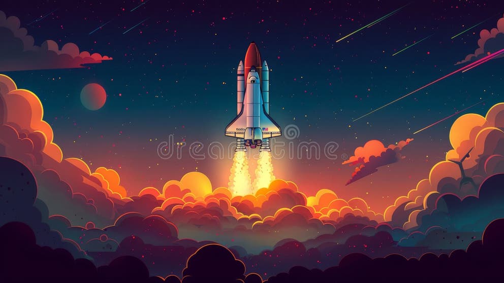 Rocket Starts from Abstract Ground, Spaceship Launch with Fire and ...