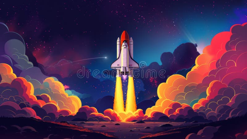 Rocket Starts from Abstract Ground, Spaceship Launch with Fire and ...