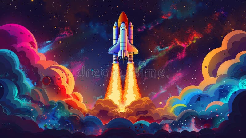 Rocket Starts from Abstract Ground, Spaceship Launch with Fire and ...