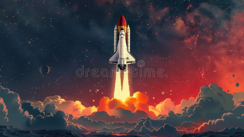 Rocket Starts from Abstract Ground, Spaceship Launch with Fire and ...