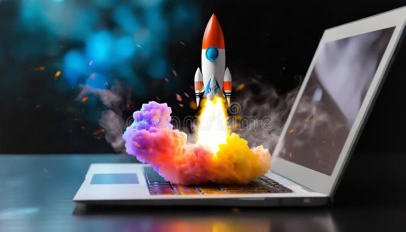 Rocket Starts from Computer Device Screen. Spaceship Launch from Laptop ...