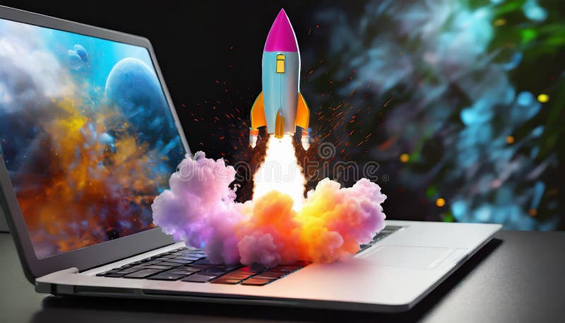 Rocket Starts from Computer Device Screen. Spaceship Launch from Laptop. Concept of a Successful ...
