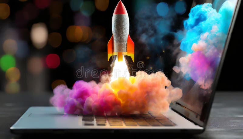 Rocket Starts from Computer Device Screen. Spaceship Launch from Laptop ...
