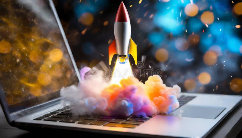 Rocket Starts from Computer Device Screen. Spaceship Launch from Laptop ...