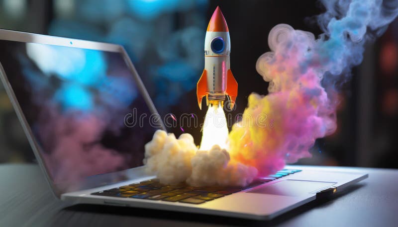 Rocket Starts from Computer Device Screen. Spaceship Launch from Laptop ...