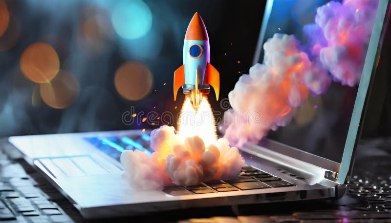 Rocket Starts from Computer Device Screen. Spaceship Launch from Laptop ...