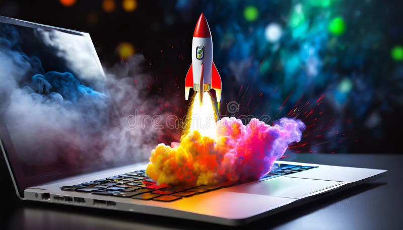 Rocket Starts from Computer Device Screen. Spaceship Launch from Laptop ...