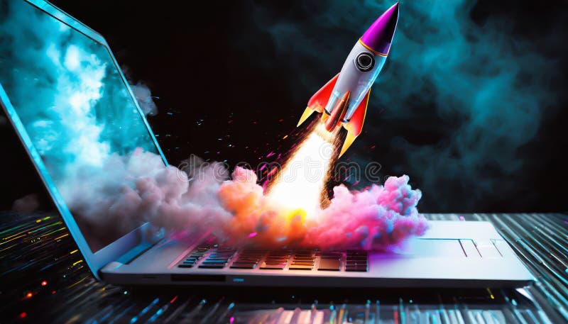 Rocket Starts from Computer Device Screen. Spaceship Launch from Laptop ...