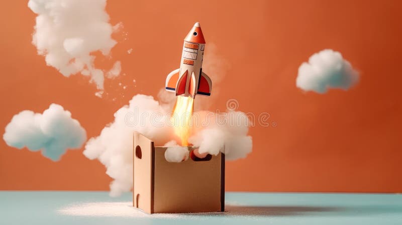 Rocket Starts Taking Off from Cardboard Box. Stock Illustration ...