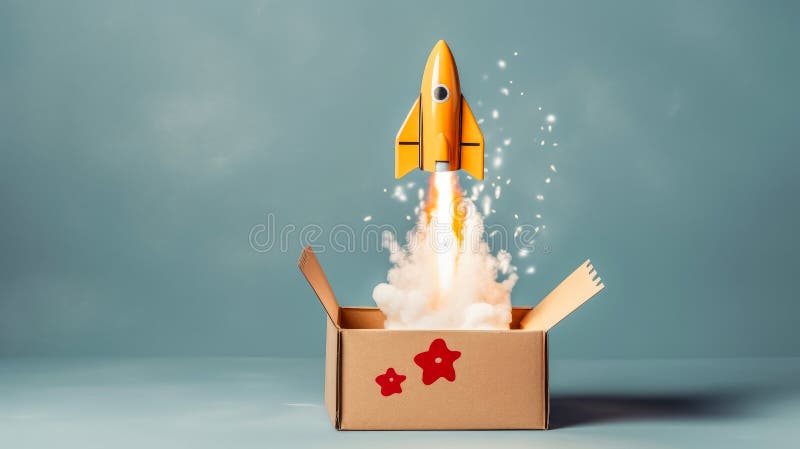 Rocket Starts Taking Off from Cardboard Box. Stock Illustration ...
