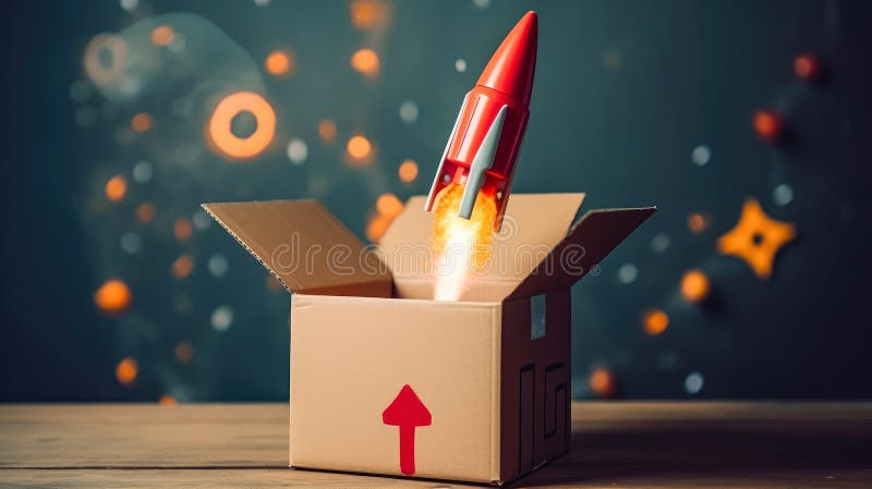 Rocket Starts Taking Off from Cardboard Box. Stock Illustration ...