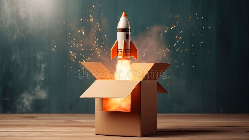 Rocket Starts Taking Off from Cardboard Box. Stock Illustration ...