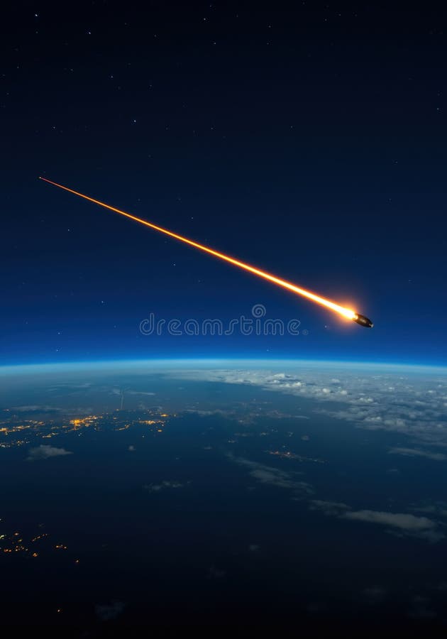 Rocket Streaking through Starry Night Sky with Earth Below. Spacecraft ...