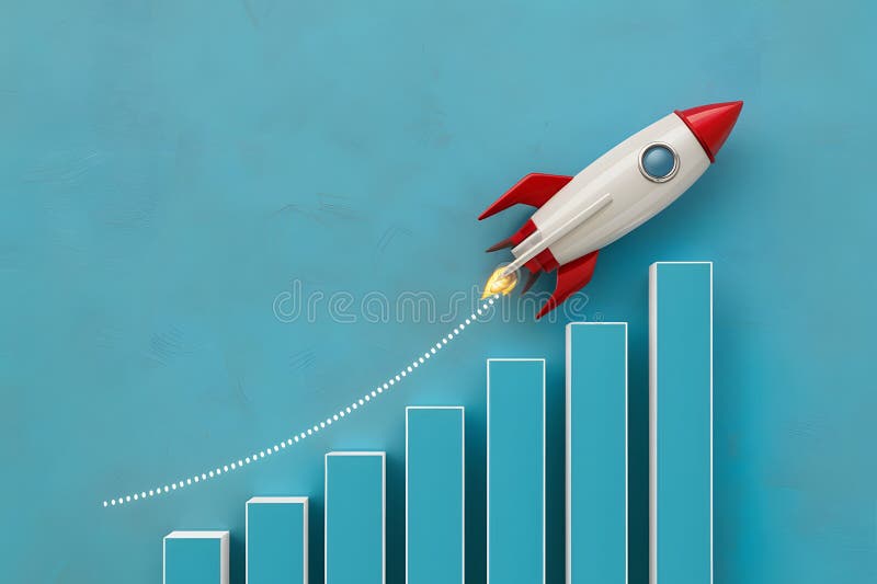 Rocket Symbolizing Growth, Trajectory Showing Progress Over Bar Chart ...