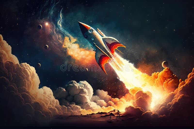 Rocket, with Tail of Fire and Smoke, Taking Off into Starry Night Sky ...