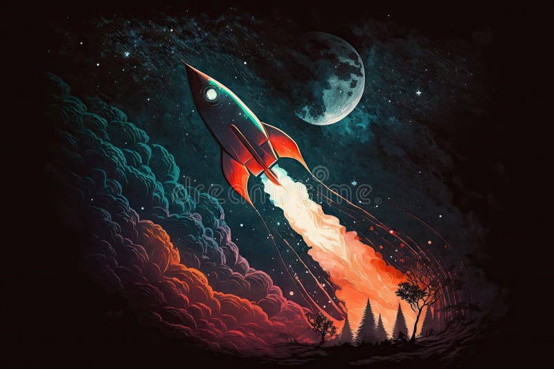 Rocket, with Tail of Fire and Smoke, Taking Off into Starry Night Sky ...