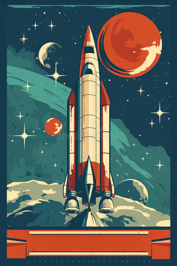 Rocket Takeoff in Retro Style. Vintage Space Rocket Start with Fire and ...