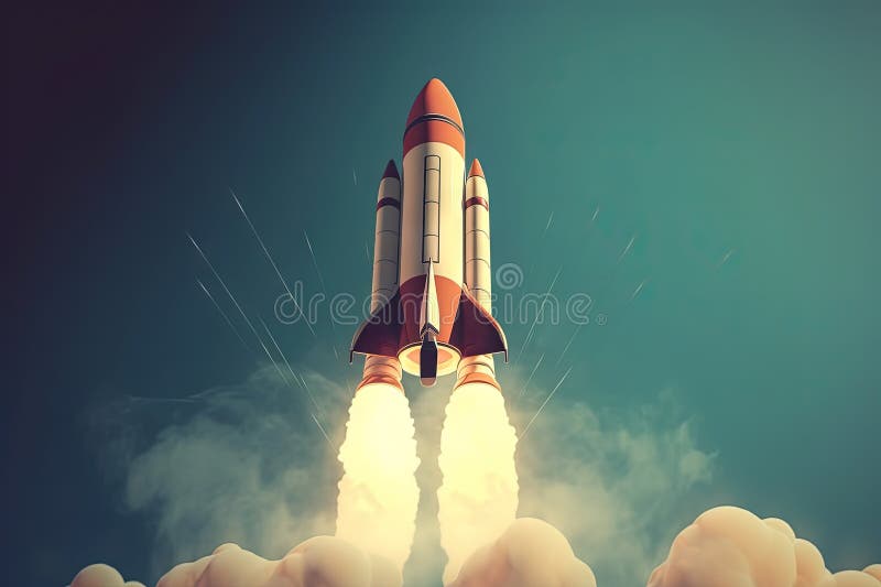 Rocket Takeoff in Retro Style. Vintage Space Rocket Start with Fire and ...