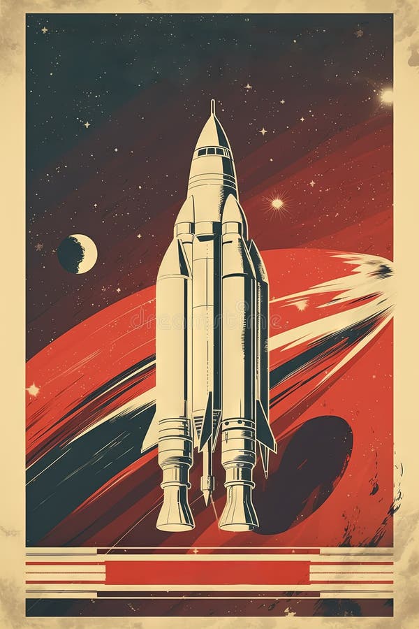 Rocket Takeoff in Retro Style. Vintage Space Rocket Start with Fire and ...