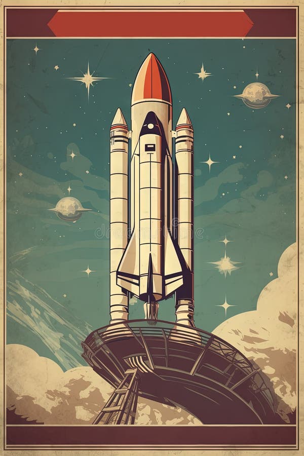 Rocket Takeoff in Retro Style. Vintage Space Rocket Start with Fire and ...