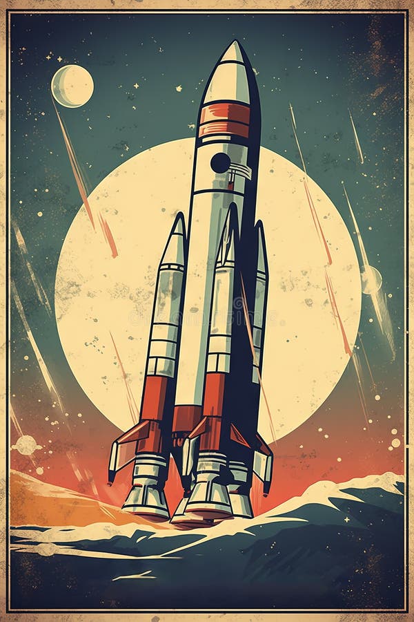 Rocket Takeoff in Retro Style. Vintage Space Rocket Start with Fire and ...