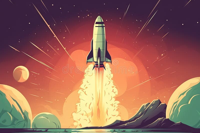 Rocket Takeoff in Retro Style. Vintage Space Rocket Start with Fire and ...