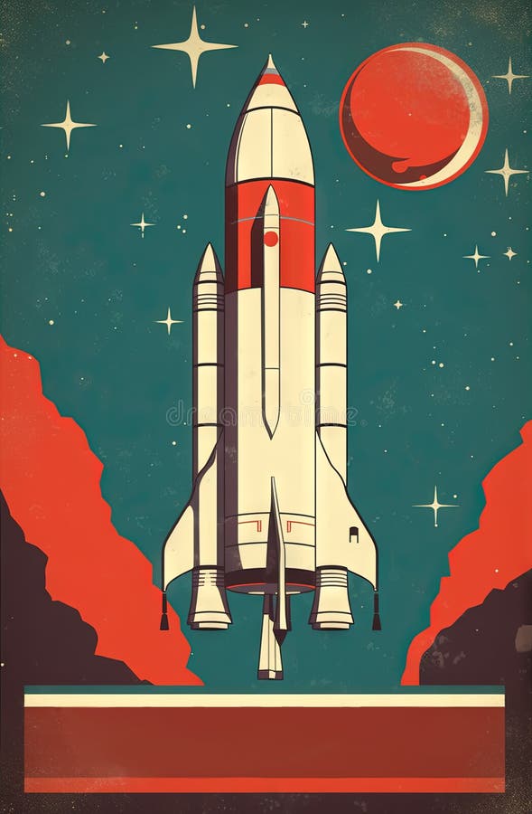 Rocket Takeoff in Retro Style. Vintage Space Rocket Start with Fire and ...