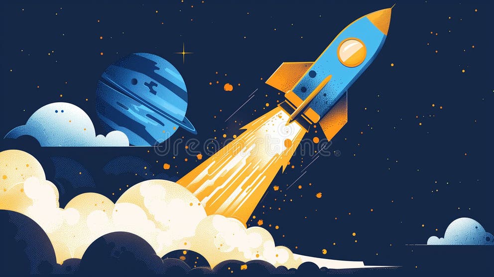 Rocket Takes Flight from a Laptop Screen, Surrounded by Cosmic Elements ...