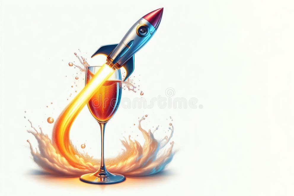 A Rocket Takes Off from a Glass with a Drink. Space for Text. Stock ...