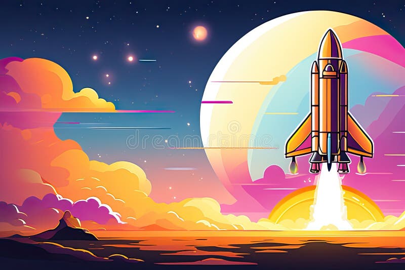 The Rocket Takes Off from the Planet. Colorful Bright Modern Style ...