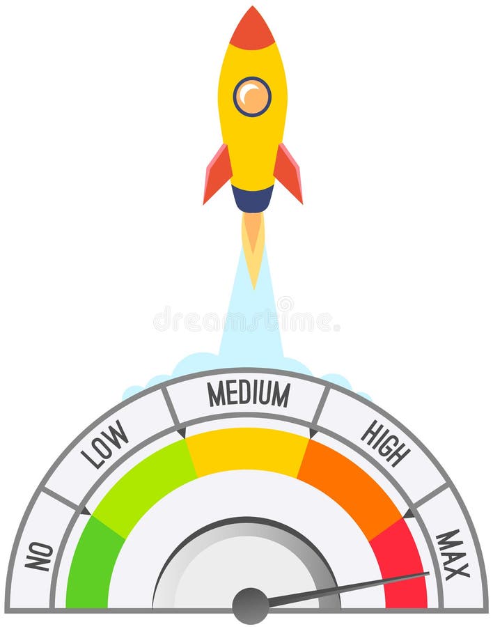 Rocket Takes Off into Sky at High Jet Speed. Vector Spaceship and ...