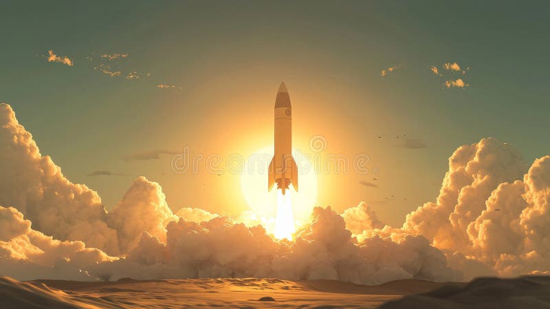 A Rocket Takes Off into the Sky, with a Huge Sun Shining Behind it ...