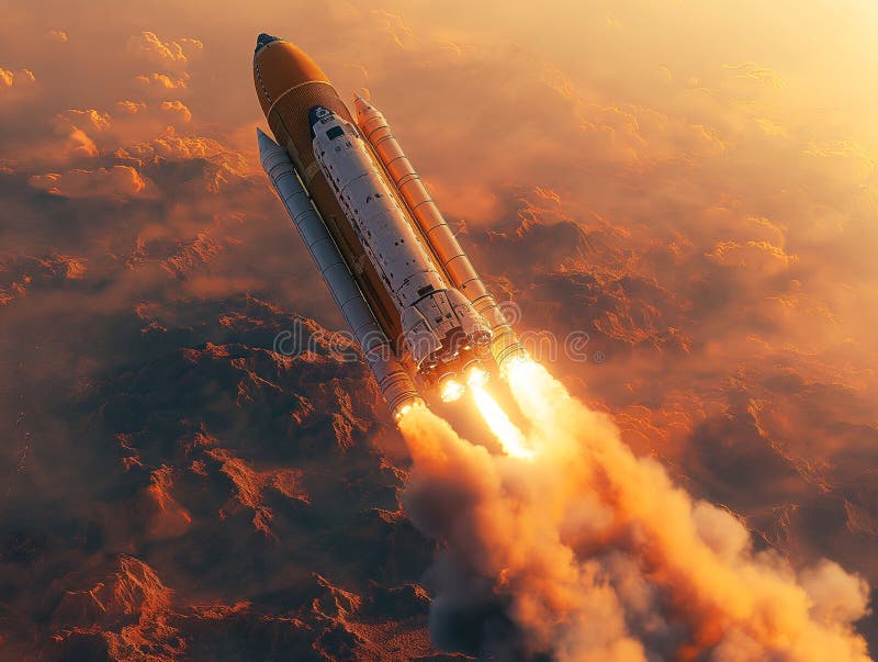 Rocket Takes Off in the Sky. Spaceship Begins the Mission Stock Photo ...