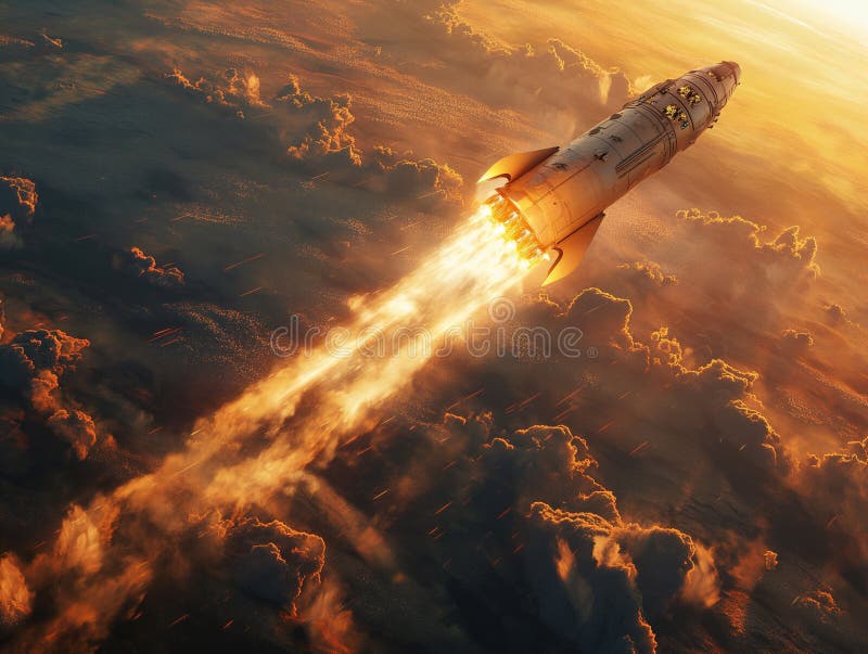 Rocket Takes Off in the Sky. Spaceship Begins the Mission Stock Photo ...