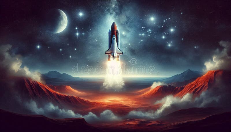 Rocket Takes Off in the Starry Sky Stock Illustration - Illustration of ...