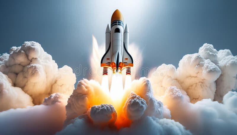 Rocket Taking Off with Bright Flames and Clouds on a Light Background ...