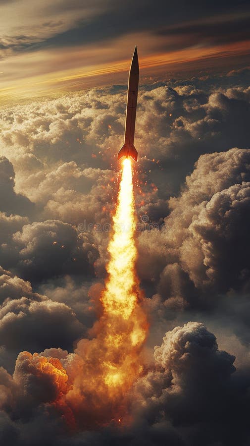 Rocket Taking Off through Clouds with Fiery Trail and Dramatic Sky at ...
