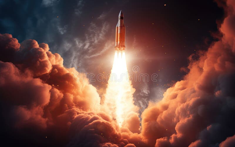 Rocket Taking Off and Heading To Outer Space Surrounded by Heavy Smoke ...
