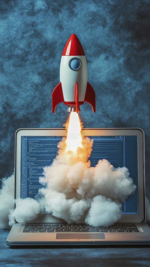 Rocket Taking Off from Laptop with Clouds Effect Stock Illustration ...
