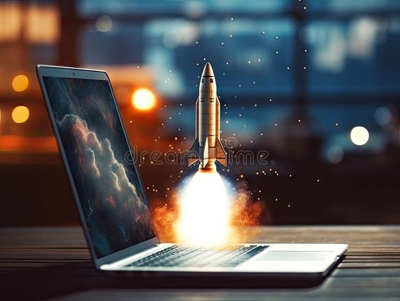 Rocket Taking Off from a Laptop Keyboard Stock Illustration ...
